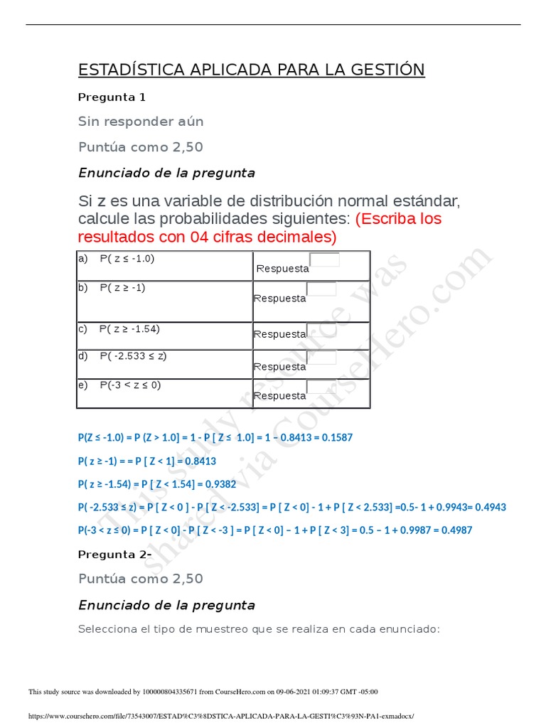 Estad Stica Aplicada para La Gesti N Pa1 Exma | PDF | Intervalo de confianza | Teoría de la ...