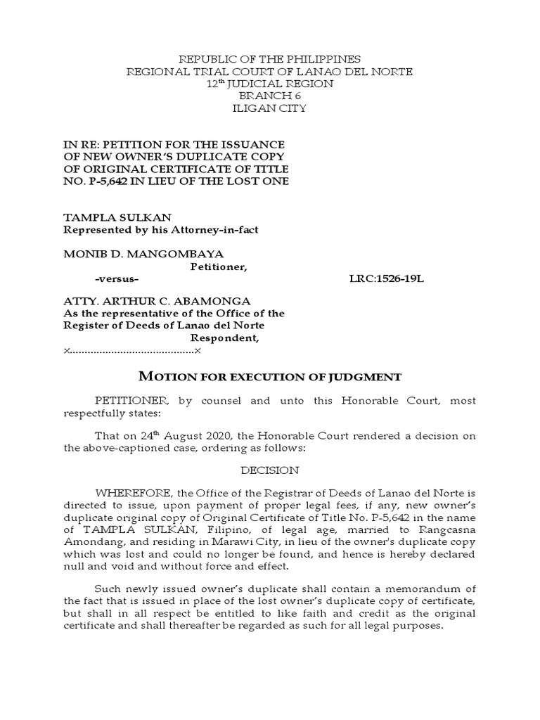 Motion for Execution of Judgment | PDF | Judgment (Law ...