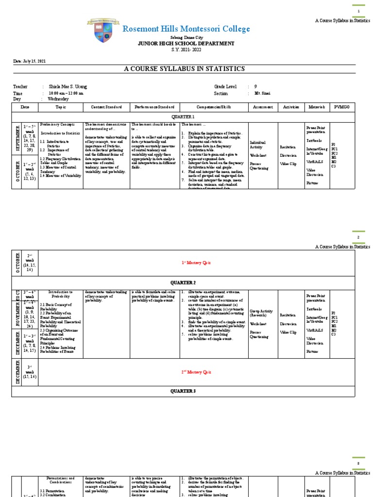 Statistics Syllabus | PDF | Statistics | Probability