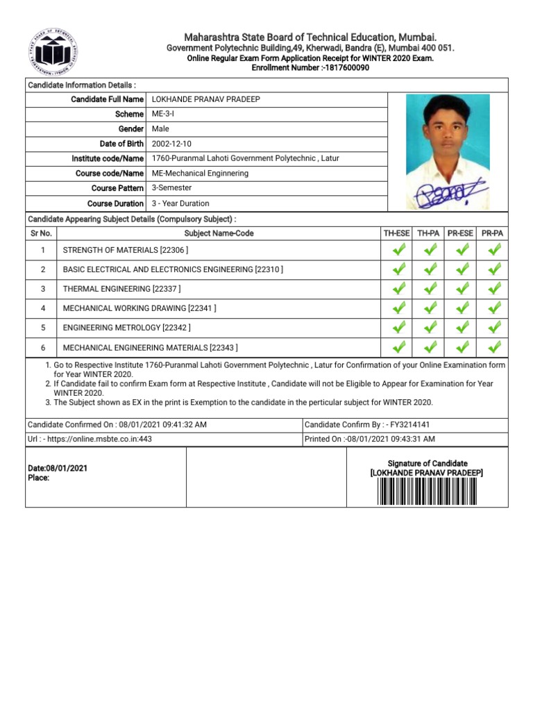 Exam Form Application of Candidate For | PDF