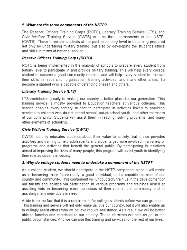 What Are The Three Components of The NSTP? | PDF | Reserve Officers ...