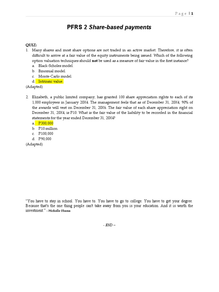 Quiz - PFRS 2 - Share-Based Payments | PDF