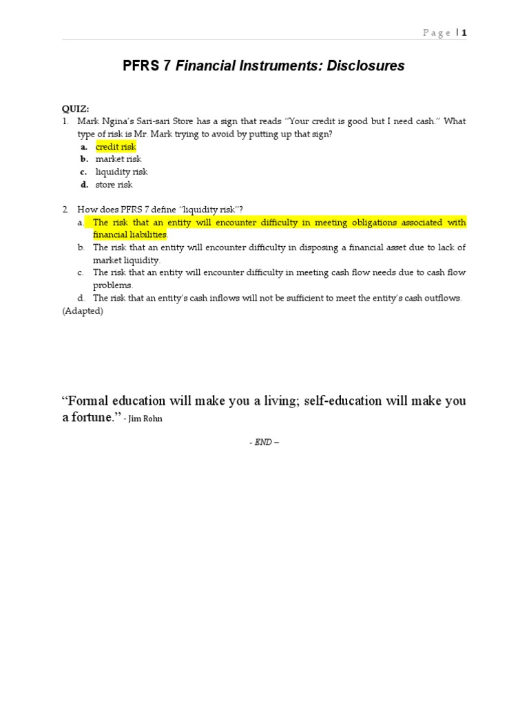 Quiz - PFRS 7 - Financial Inst - Disclosures | PDF | Finance & Money ...