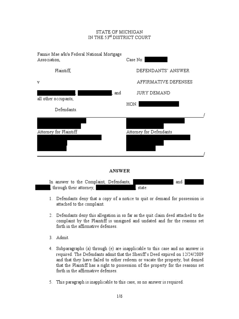 Sample Answer & Affirmative Defenses Against Fannie Mae | PDF ...