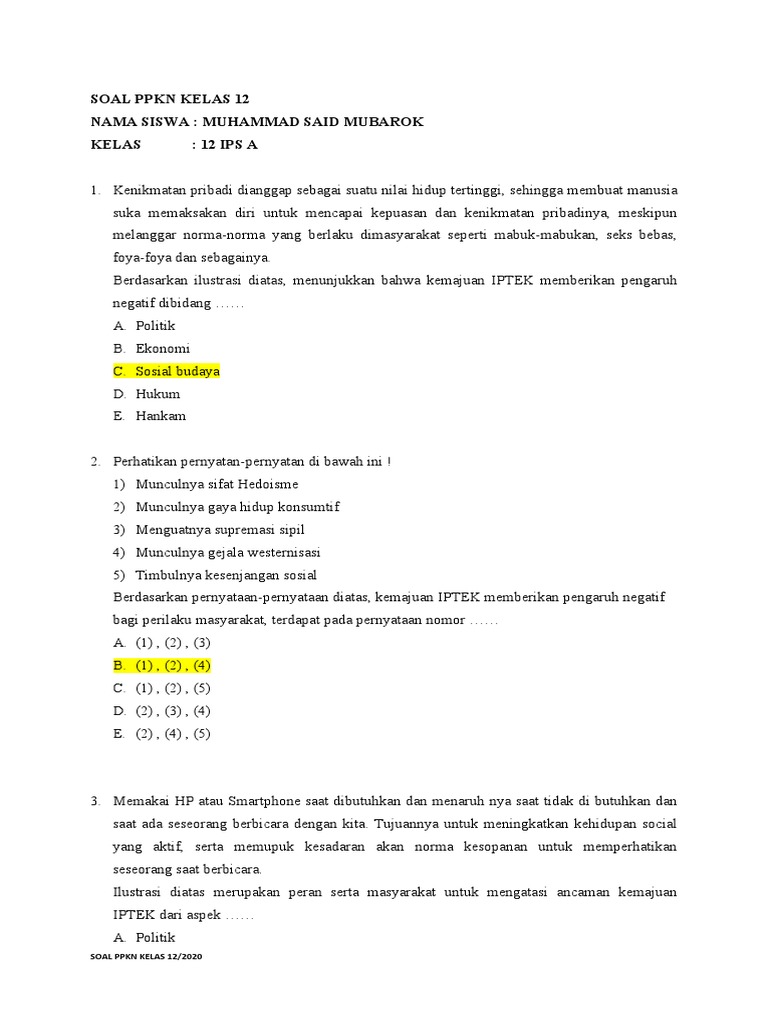 Soal PPKn Kelas 12: Pengaruh IPTEK | PDF | Ilmu Sosial