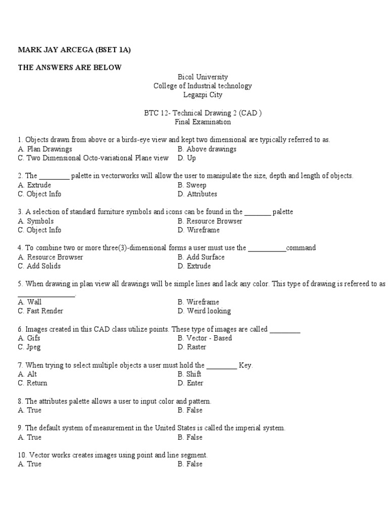 CAD Exam Key for BSET Students | PDF | Shape | Circle