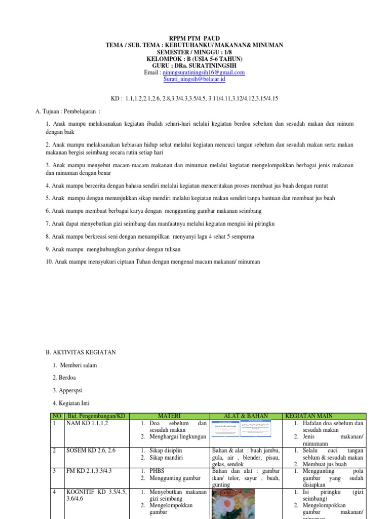 RPPM PTM Paud Tema / Sub. Tema: Kebutuhanku/ Makanan& Minuman Semester ...