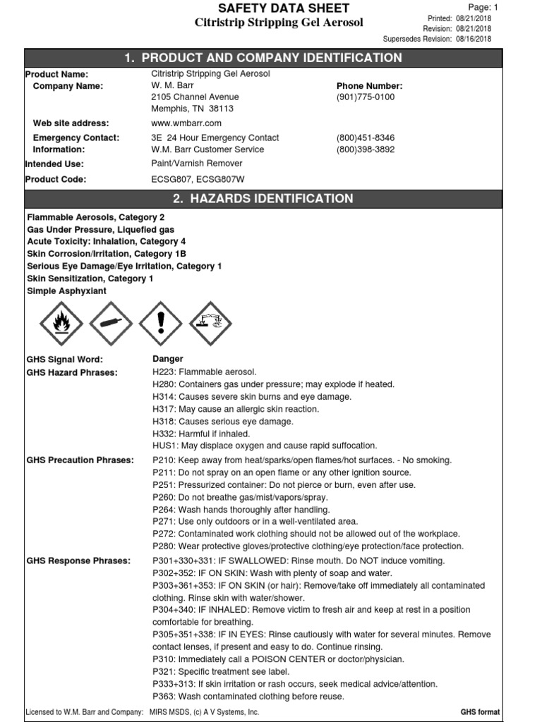 CS5400 Citristrip Stripping Gel Aerosol en | PDF | Safety | Physical ...