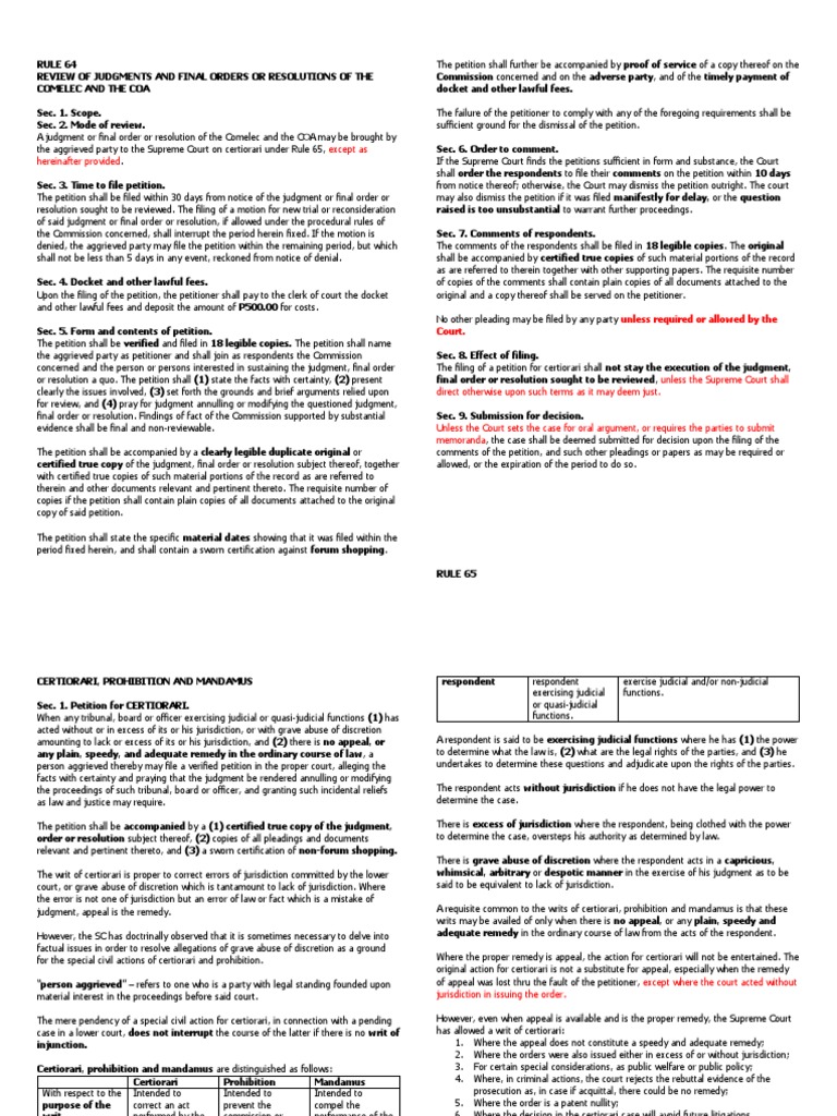 RULE 64-65 - COMELEC&COA and Certiorari, Prohibition and Mandamus | PDF ...