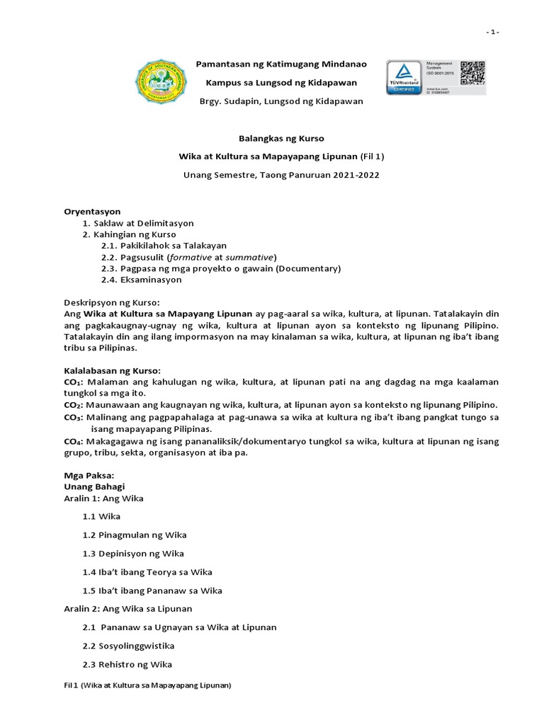 Balangkas NG Kurso (Fil 1) | PDF