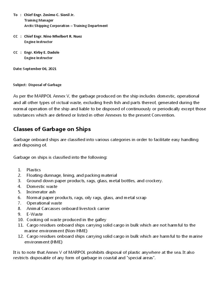 MARPOL Annex V Garbage Classification & Disposal Guidelines | PDF ...