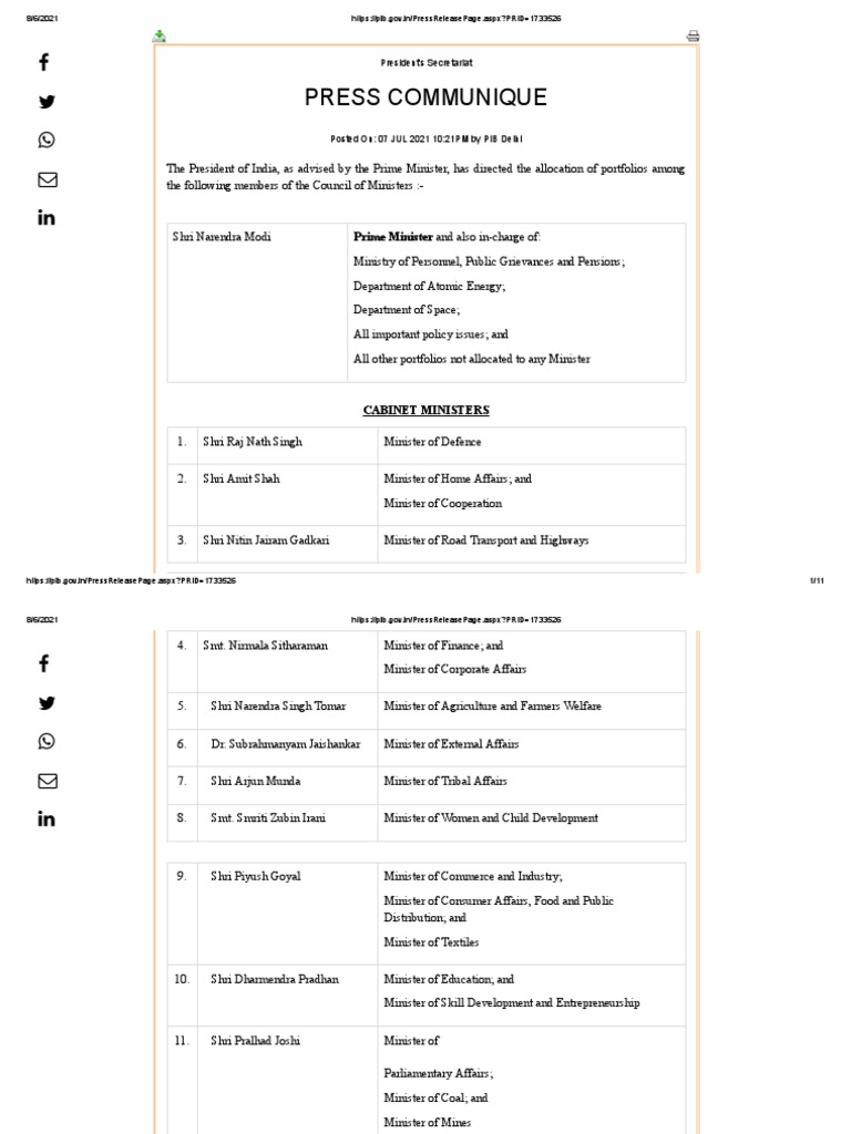 Indian Cabinet Ministers and Portfolios | PDF | Government Of India