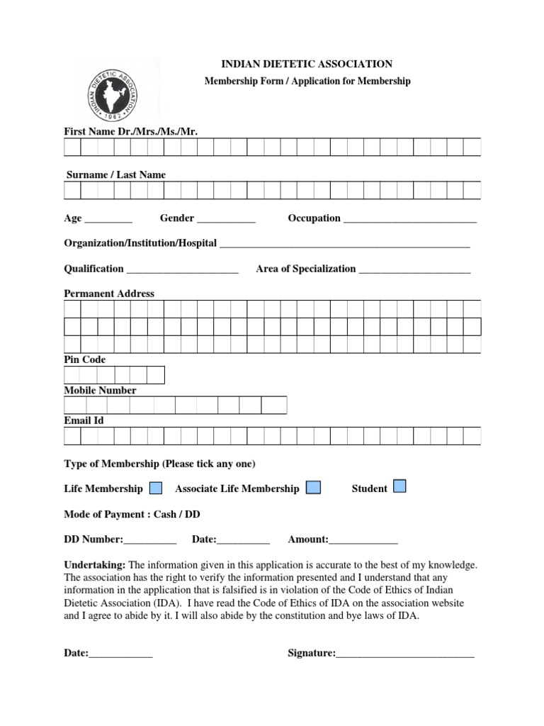 Indian Dietetic Association Membership Form | PDF | Identity Document