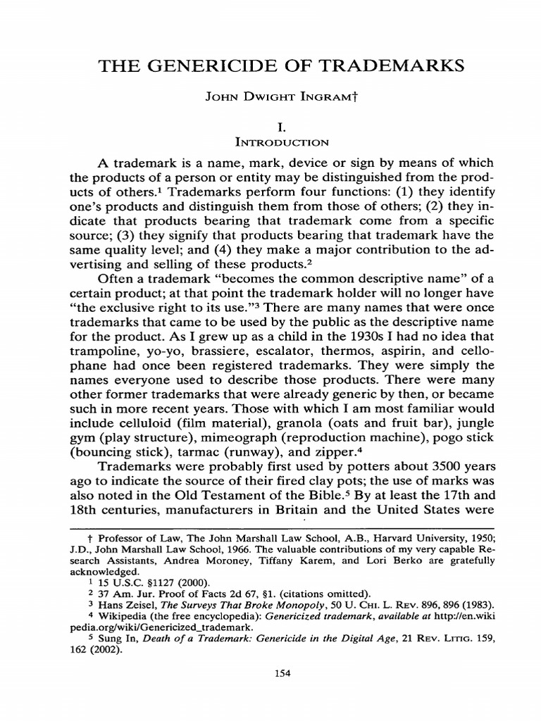 The Genericide of Trademarks: Acknowledged. 15 U.S.C. 1127 (2000) | PDF ...