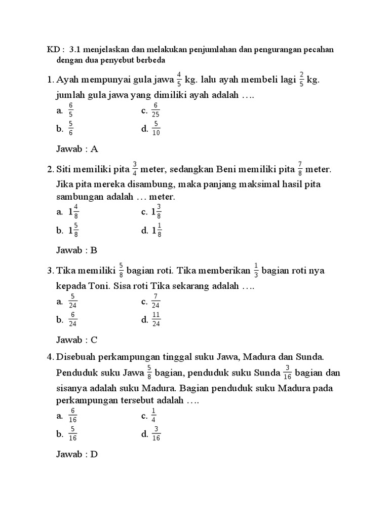 Soal Ulangan Matematika Bab Pecahan Kelas 5 SD (Pendekatan Akm) | PDF