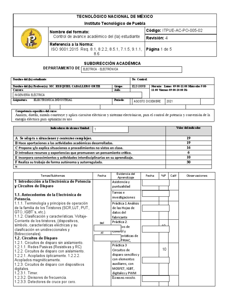 Control de Avance Académico Del Estudiante (3) - ELECT. IND | PDF ...
