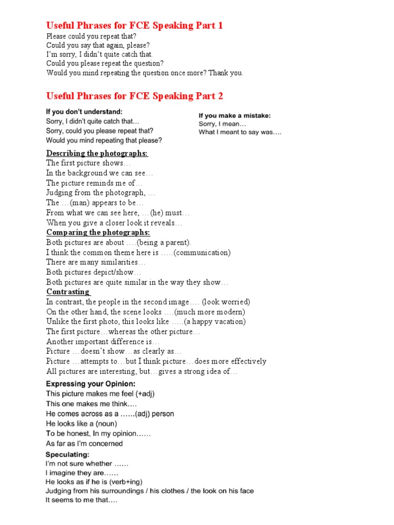 Useful Phrases For FCE Speaking Exam | PDF