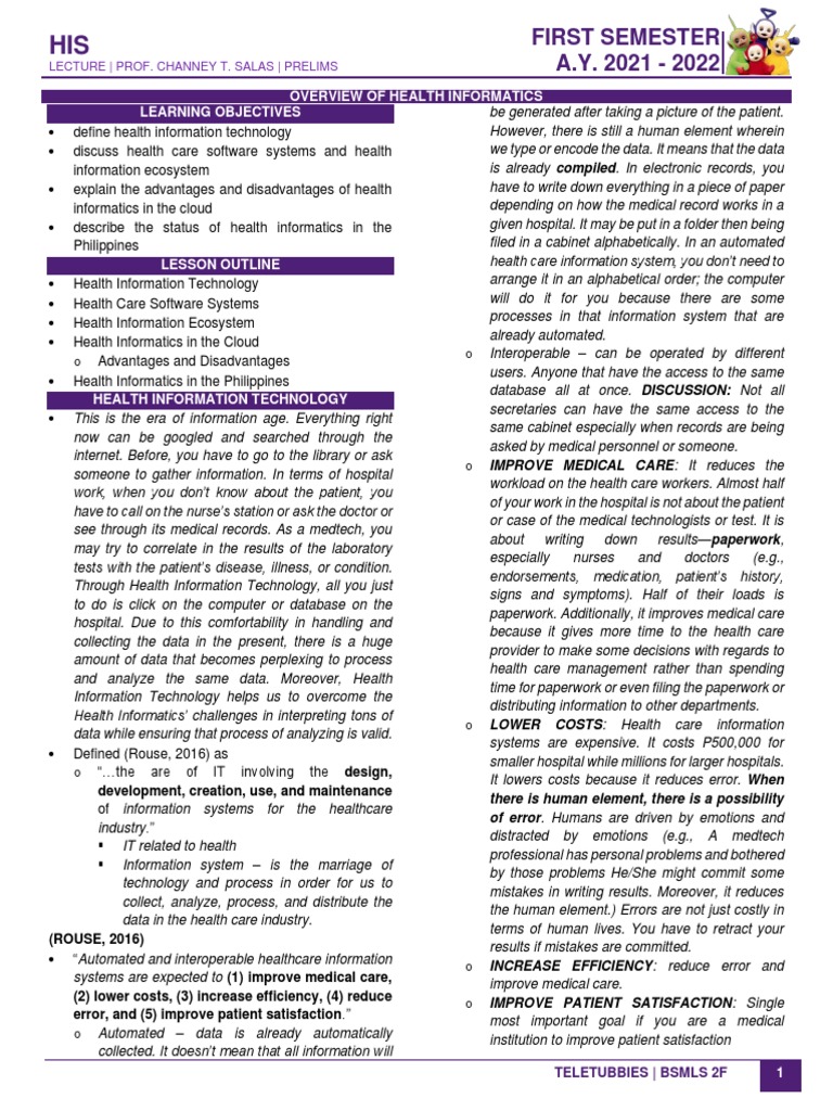 First Semester A.Y. 2021 - 2022: Overview of Health Informatics ...