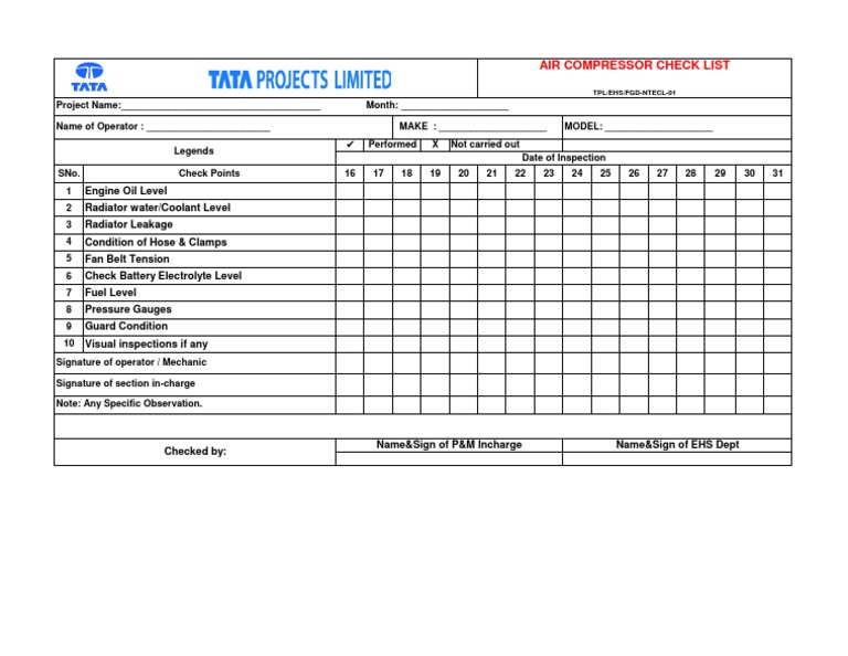 1 B Air Compressor Checklist | PDF