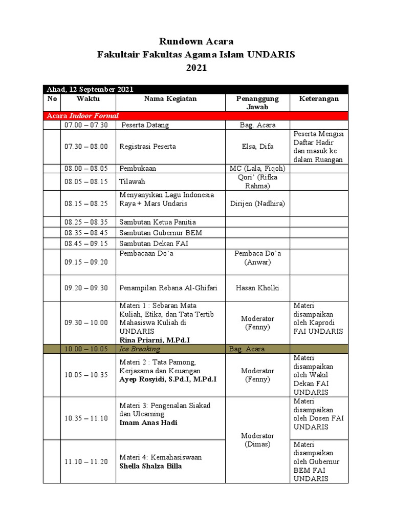 Rundown Ospek 2021 | PDF