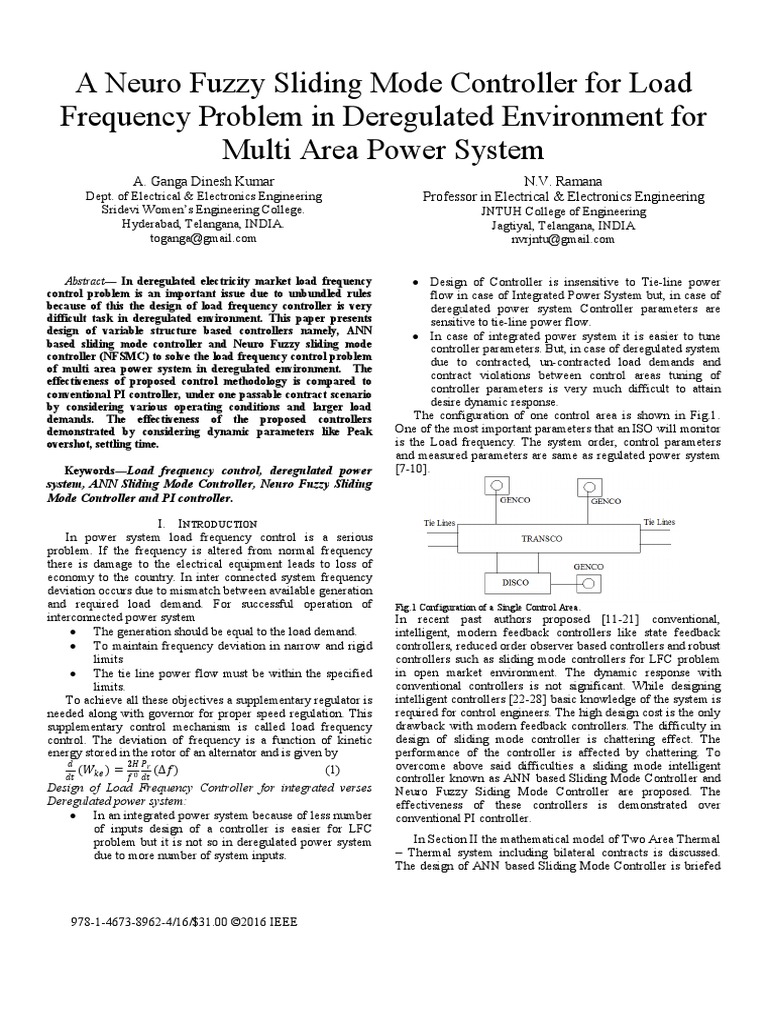 A Neuro Fuzzy Sliding Mode Controller For Load Frequency Problem in Deregulated Environment For ...