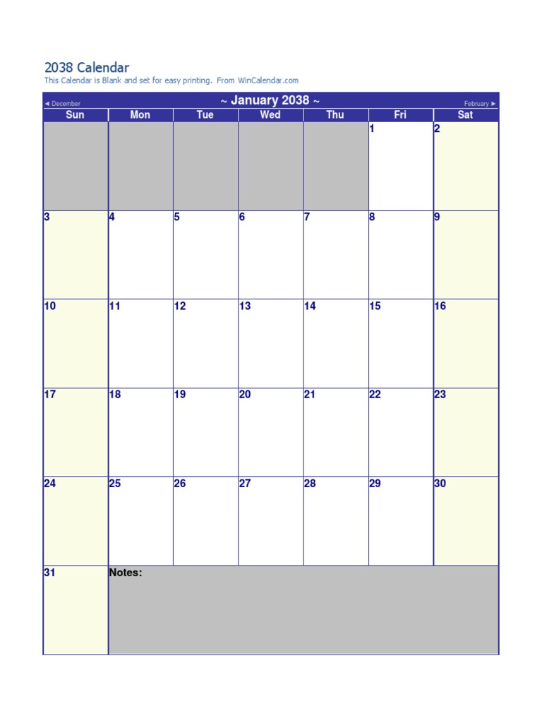 2038 Calendar: January 2038 | PDF