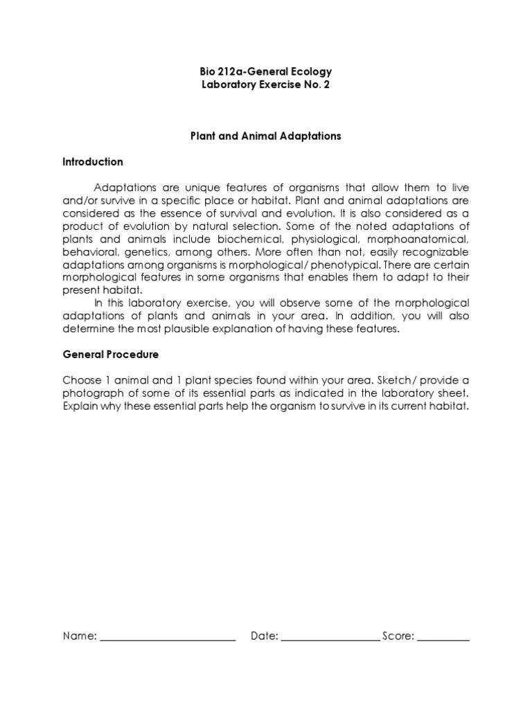 Lab Exer - Plant and Animal Adaptations | PDF