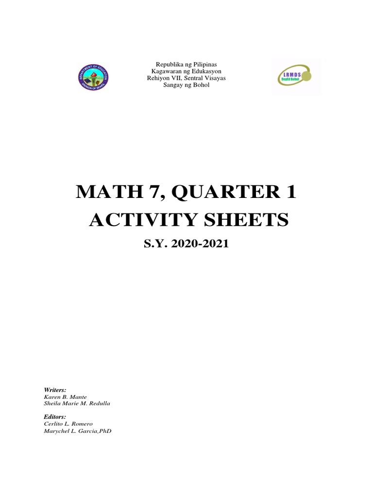 Math 7, Quarter 1 Activity Sheets | PDF | Subtraction | Elementary ...