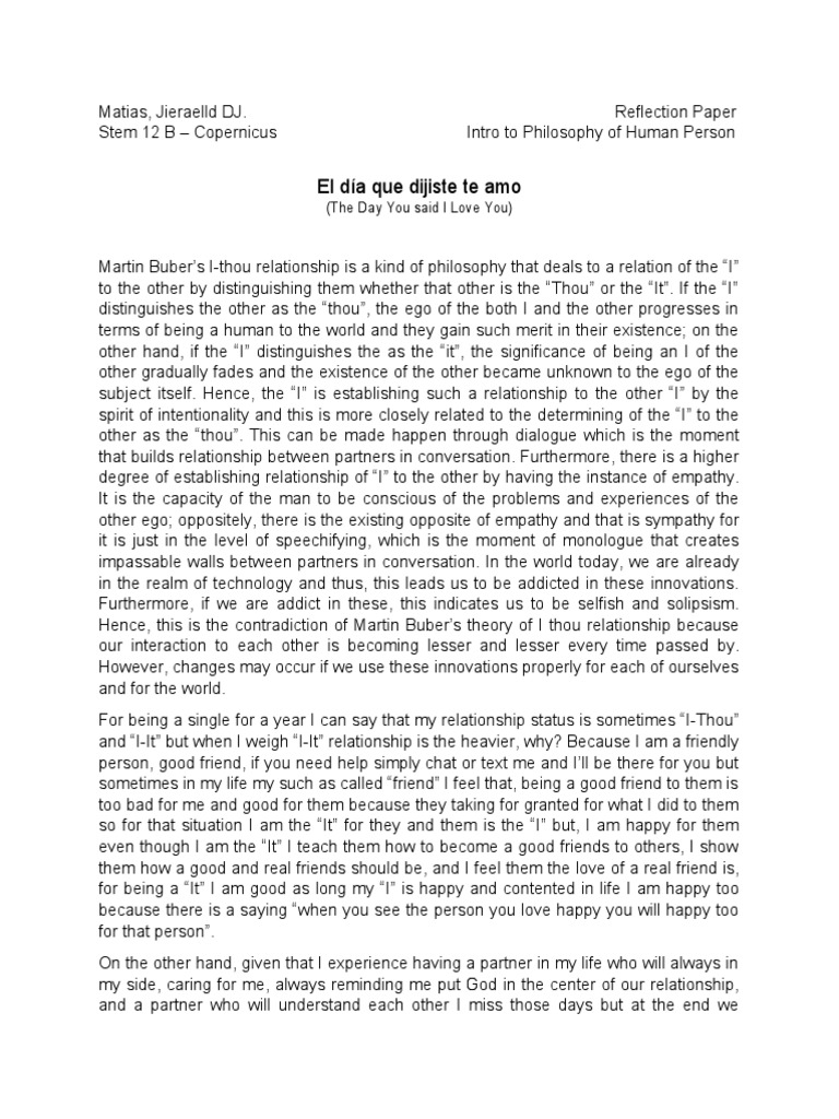Reflection Paper in Philosophy I-Thou Relationship by Jieraelld Matias ...