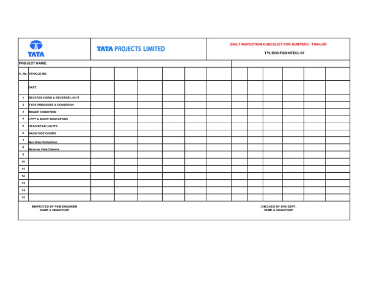 9 Daily Dumper, Trailor Checklist | PDF