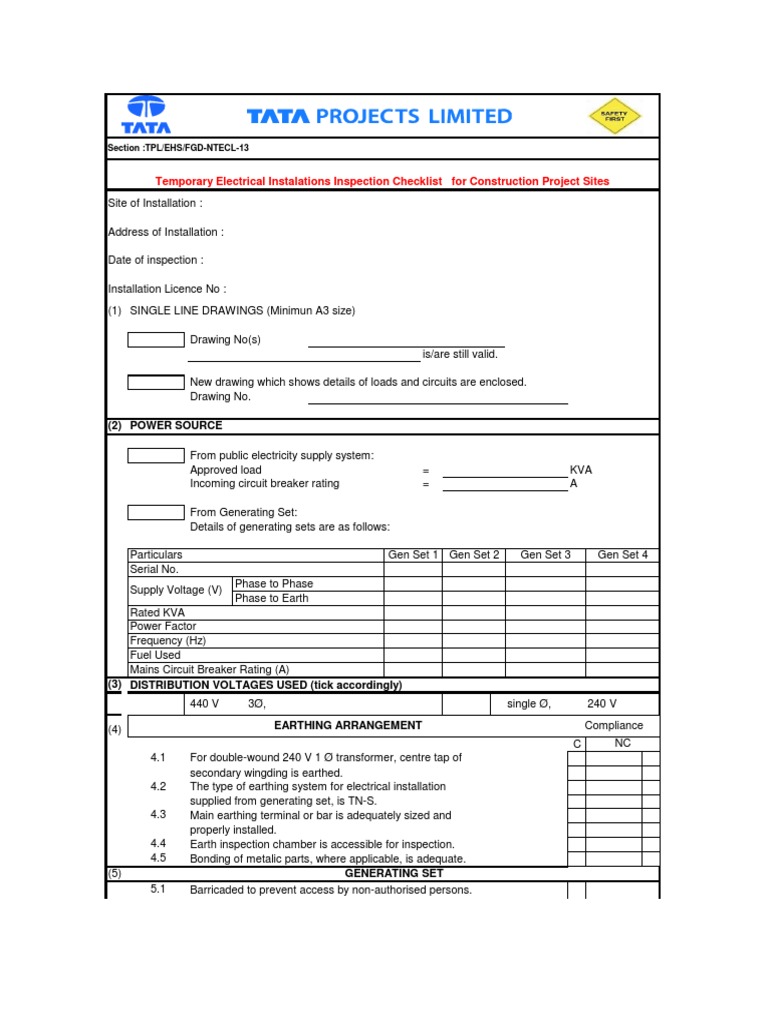 13 Temporary Electrical Installations Inspection Checklist | PDF | Wire ...