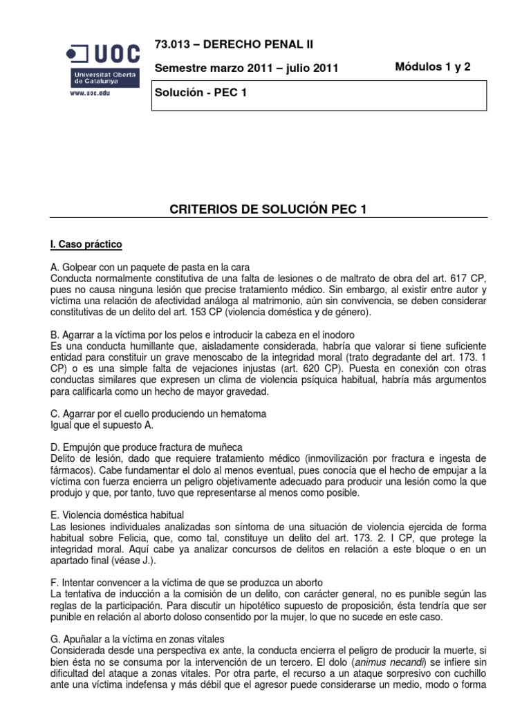 Sol Pec1 Penal2 | PDF | Asesinato | Intención (Derecho Penal)