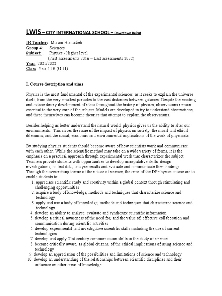 IB HL Physics Course Overview 2021/22 | PDF | Science | Physics