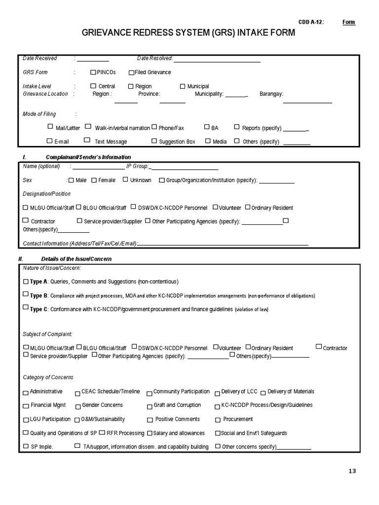 Grievance Redress System (GRS) Intake Form | PDF