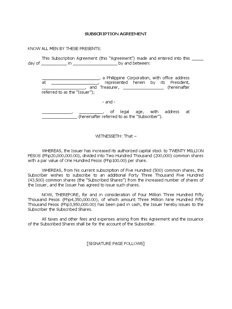 Share Subscription Agreement Template