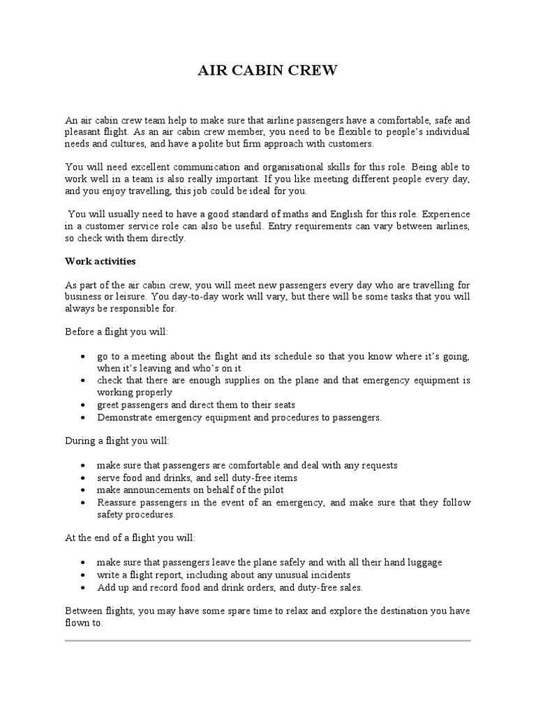 Air Cabin Crew: Work Activities | PDF | Flight Attendant | Airlines