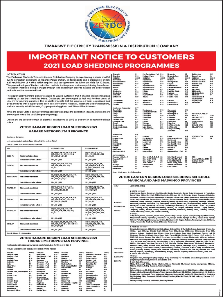 Harare Load Shedding Schedule 2021 | PDF | Electricity | Electrical ...