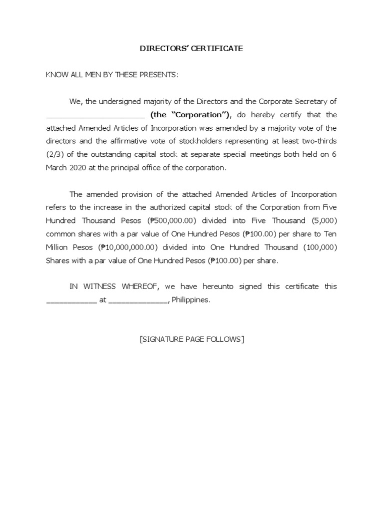 SAMPLE Directors' Certificate - Increase in Capital Stock | PDF