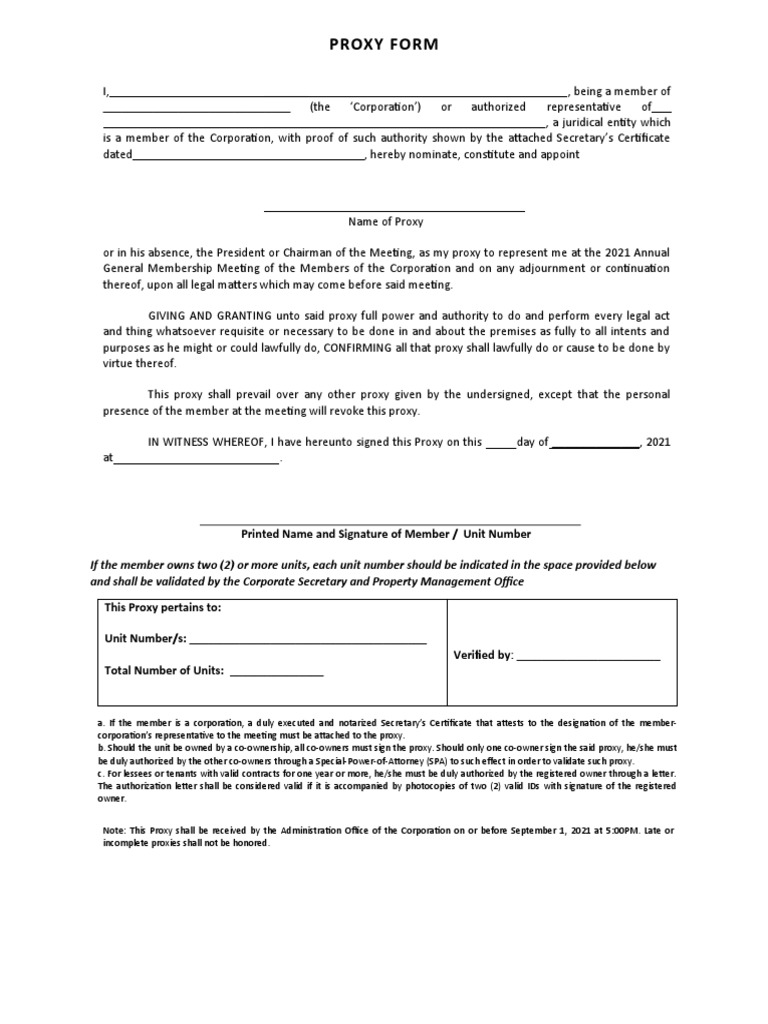 Proxy Form: Printed Name and Signature of Member / Unit Number | PDF ...