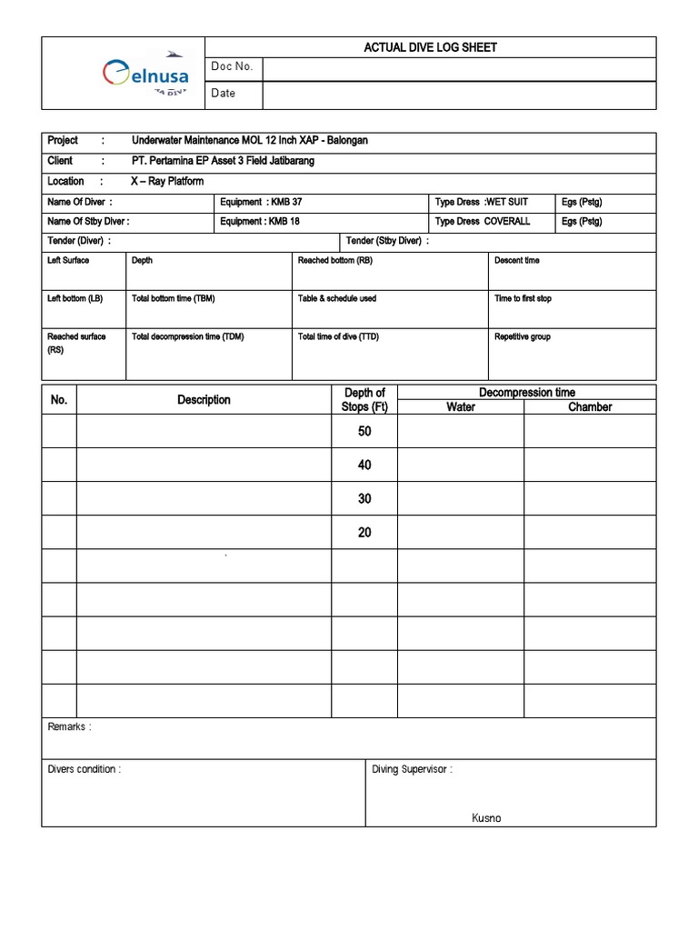 Actual Dive Log Sheet: Doc No. Date | PDF