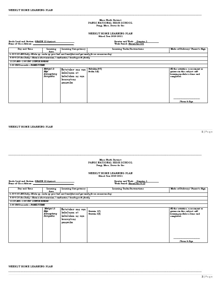 Weekly Home Learning Plan Shs 11 Filipino | PDF | Learning | Applied ...