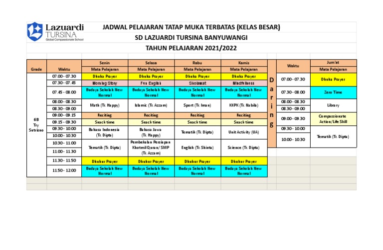 Jadwal Pelajaran Tatap Muka Terbatas (Kelas Besar) Sem 1 21 - 22 - PTM 6B | PDF | Religious ...