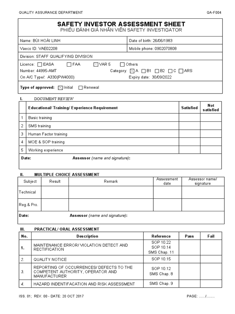 Safety Investigator Assessment Sheet | PDF | Finance & Money Management ...