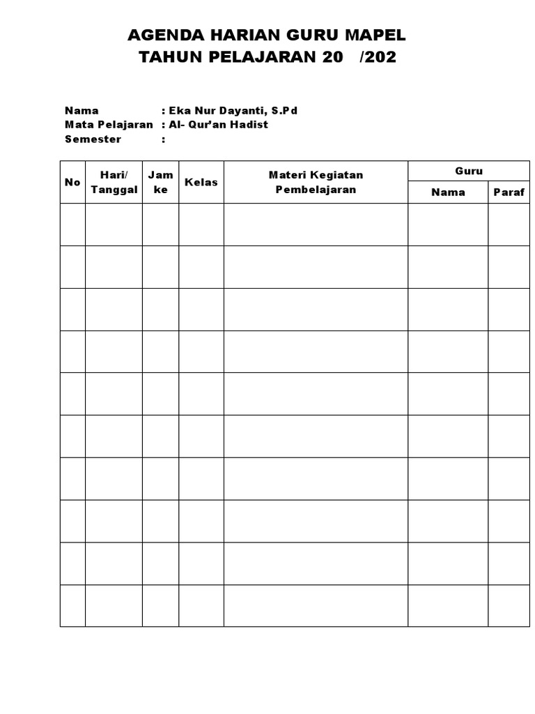 Agenda Harian Guru Mapel | PDF