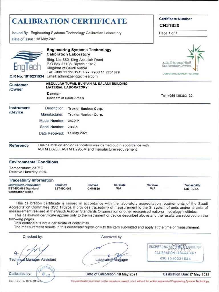 Troxler Calibration Certificate | PDF