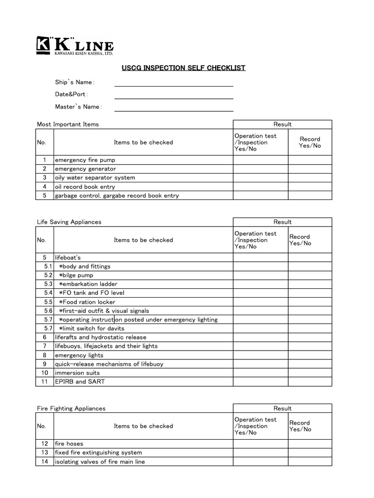 USCG Vessel Inspection Self Checklist | PDF | Equipment | Nature