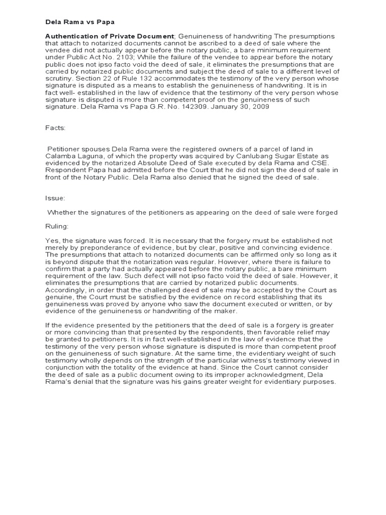 Dela Rama Vs Papa Authentication of Private Document Genuineness of ...