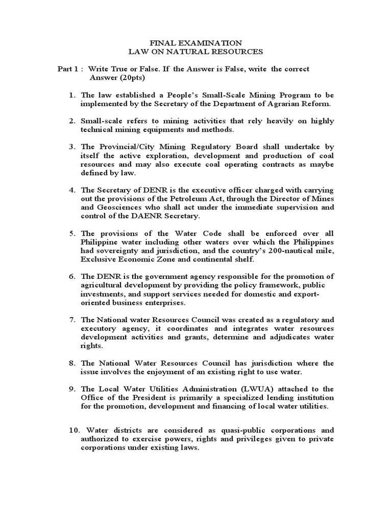 FINAL EXAMINATION ON Natural Resources | PDF | Mining | Policy