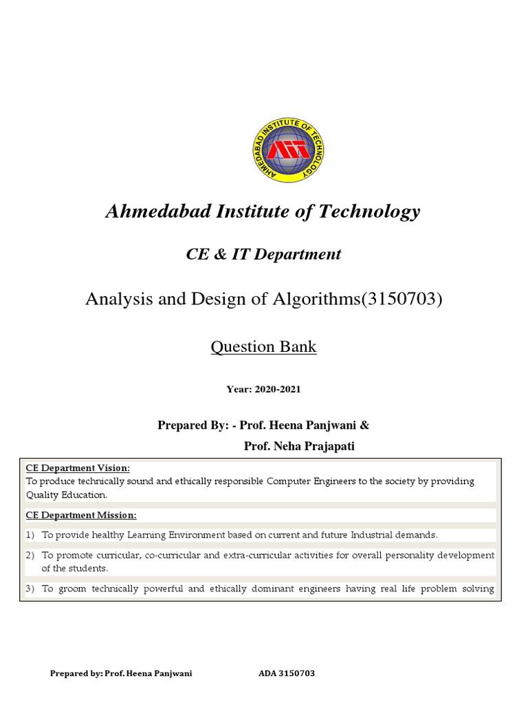 ADA - Question - Bank 2020 | PDF | Dynamic Programming | Time Complexity