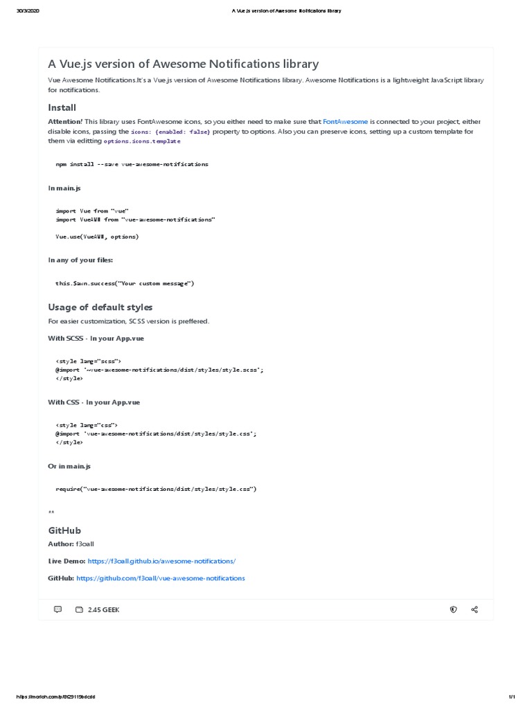 A Vue - Js Version of Awesome Notifications Library: Install | PDF